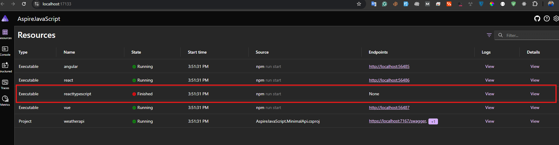 Customize aspire sample AspireJavascript project to add react typescript - Dotnet Code Crafters