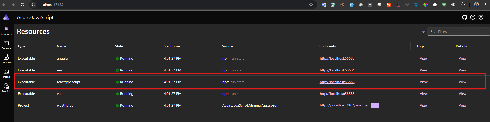 Customize aspire sample AspireJavascript project to add react typescript - Dotnet Code Crafters